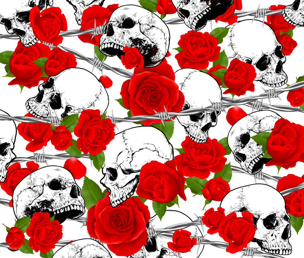 Skulls Roses And Spikewire Patter Digital Art By Darkdesign69 On