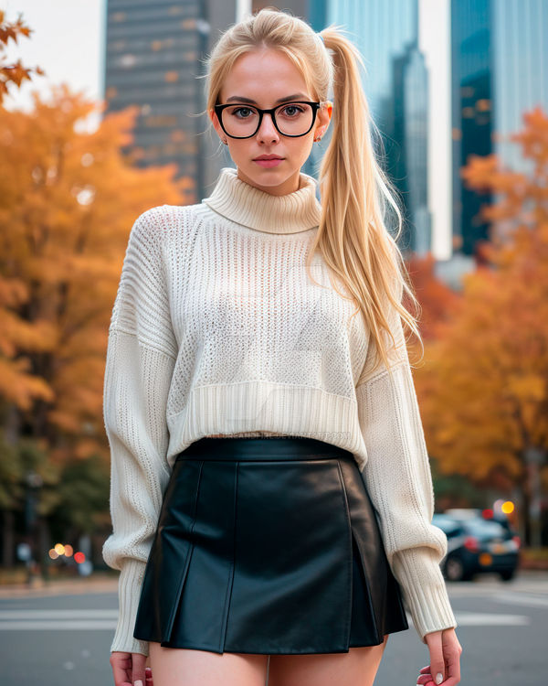 Cute Blonde In Glasses Sweater And Leather Skirt By Allureandfire On