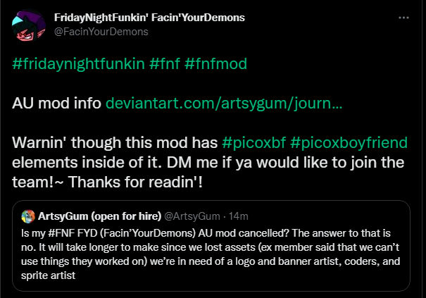 Help wanted for FYD FNF mod -Plz DM if interested- by ArtsyGum on ... Help wanted for FYD FNF mod -Plz DM if interested- by ArtsyGum on ...