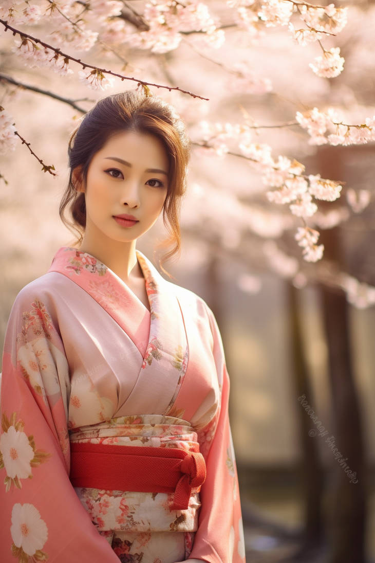 Japanese Girl In Kimono Under Sakura Tree By Ai Mademasterpieces On