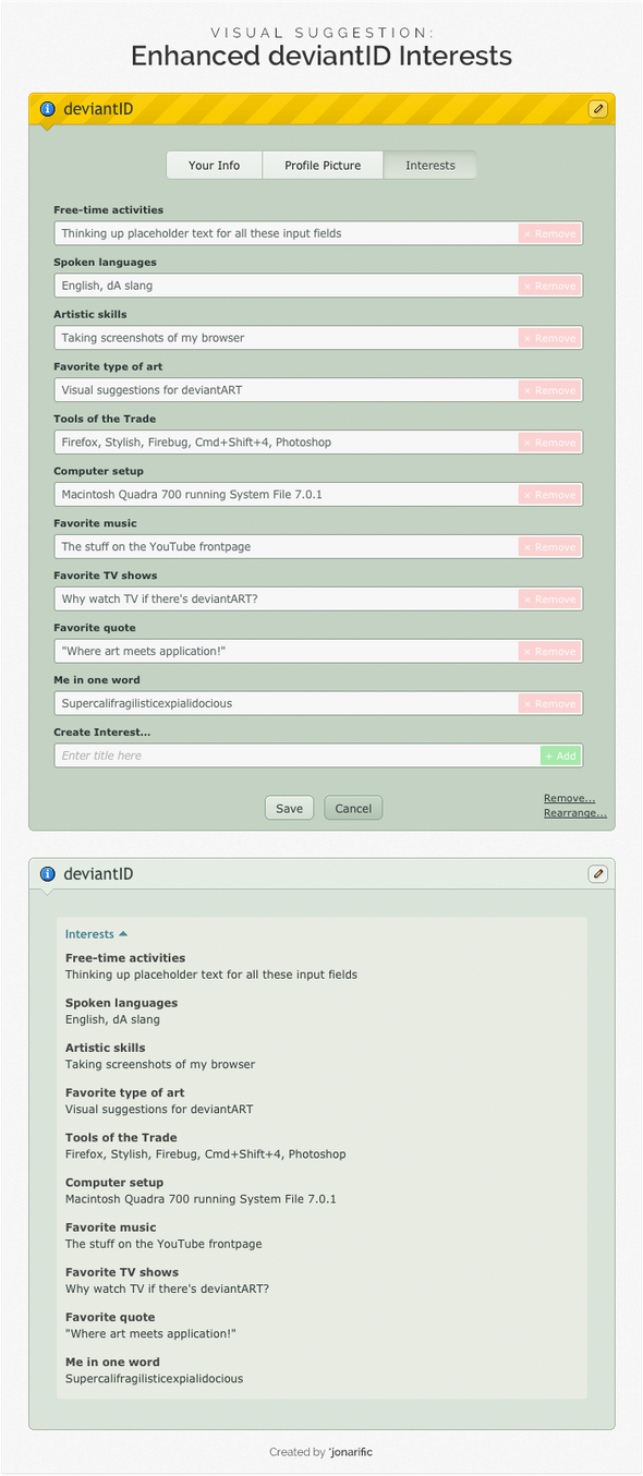 Visual suggestion: Enhanced deviantID Interests by jonarific on DeviantArt Visual suggestion: Enhanced deviantID Interests by jonarific on DeviantArt