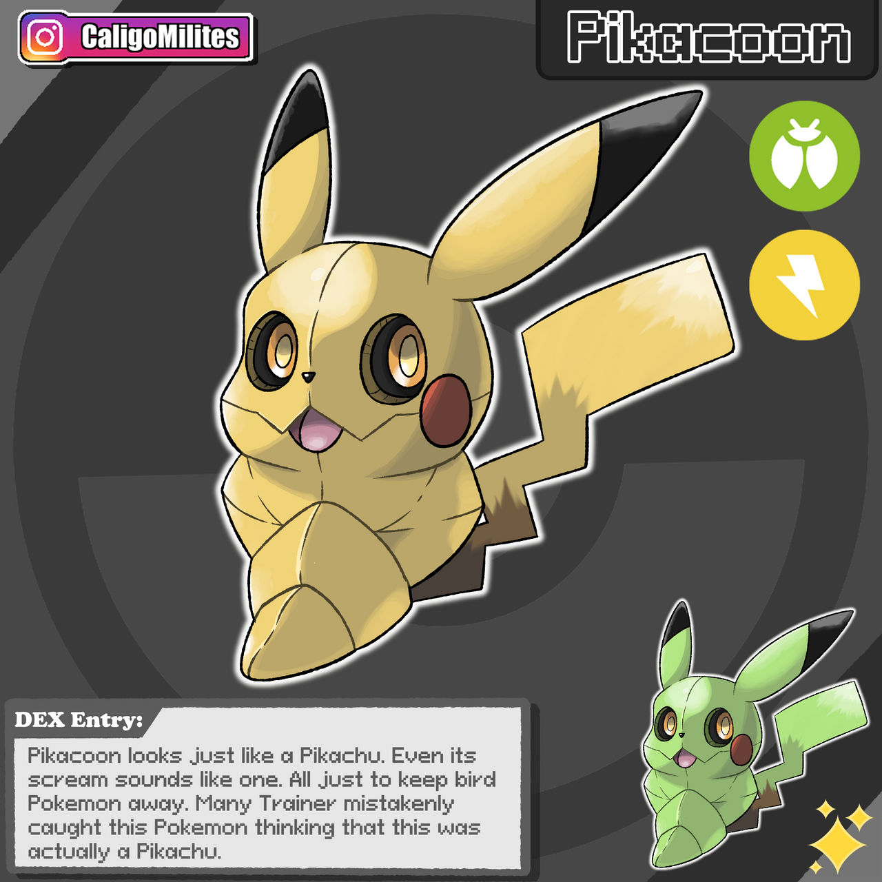 Pikacoon The Mimic Bug Pokemon Fakemon By Caligomilites On Deviantart