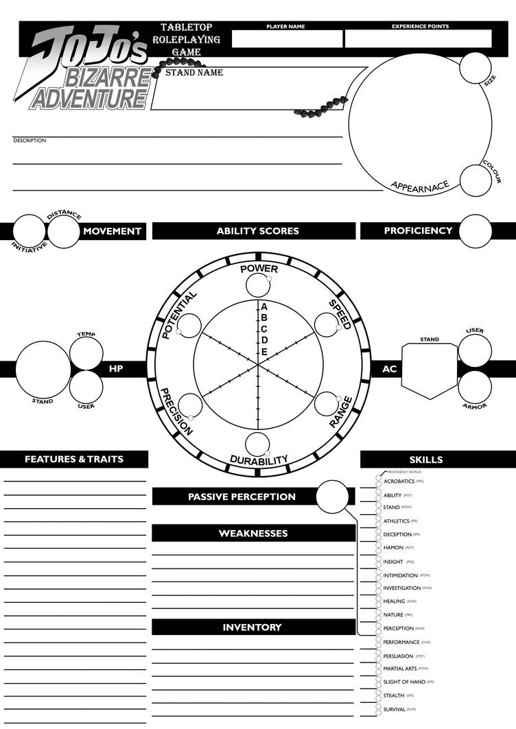 Jojo's Bizarre Adventure Character Sheet v1.0 by KaoticVulpes on DeviantArt Jojo's Bizarre Adventure Character Sheet v1.0 by KaoticVulpes on DeviantArt
