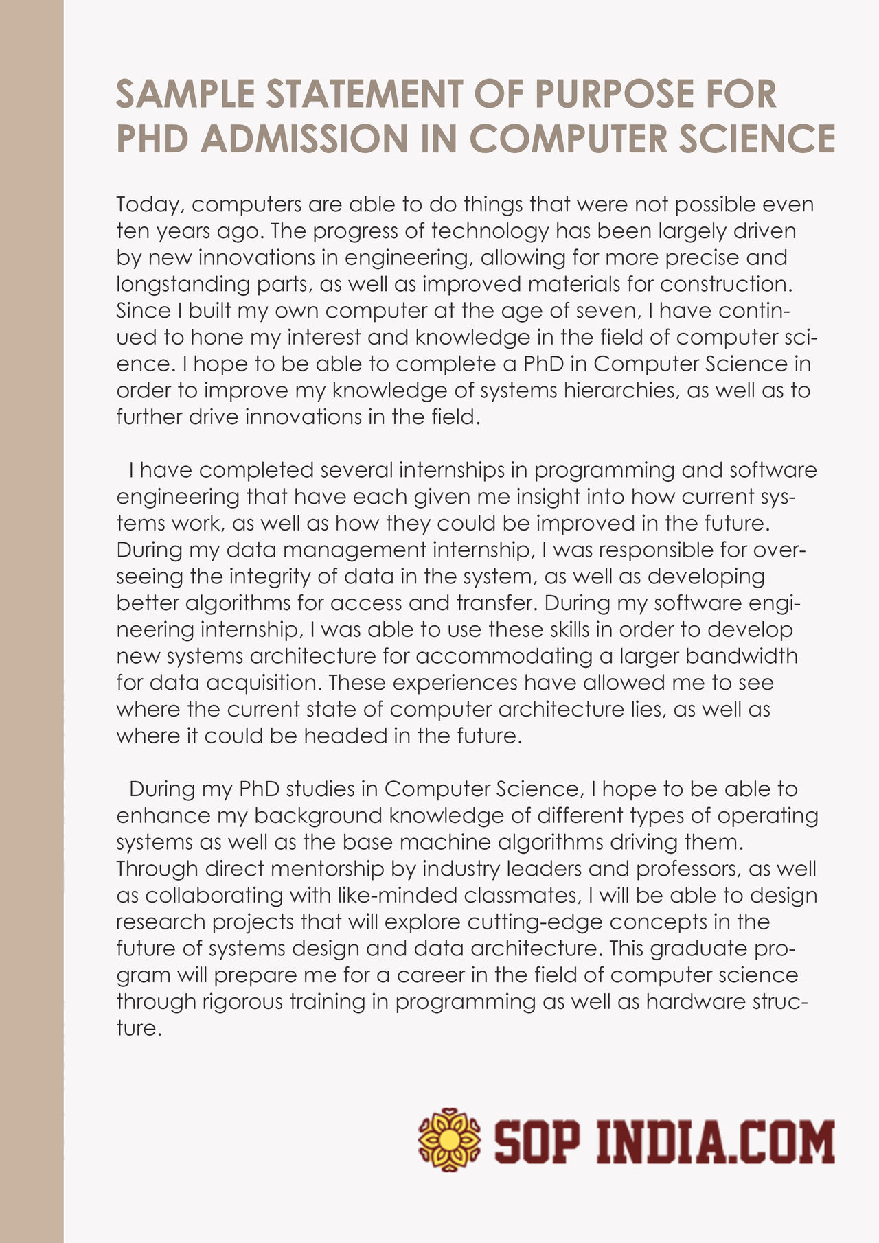 Sample SoP For PHD Admission In Computer Science By SoPIndiaSamples On sample-sop-for-phd-admission-in-computer-science-by-sopindiasamples-on