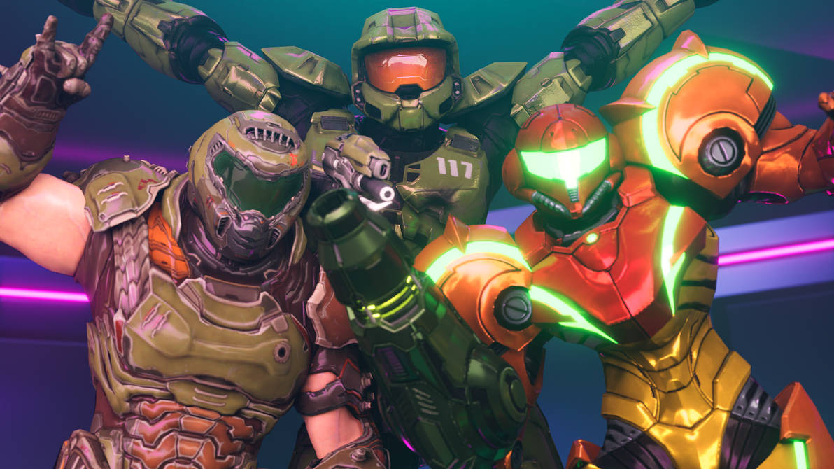 Samus Doom Slayer Master Chief At The Club By Napkinsx On Deviantart