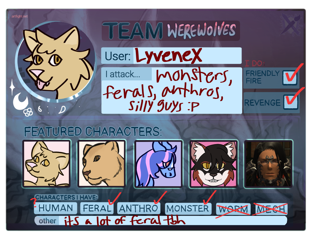 Artfight 2023 - Team Werewolves! by Lyvenex on DeviantArt Artfight 2023 - Team Werewolves! by Lyvenex on DeviantArt