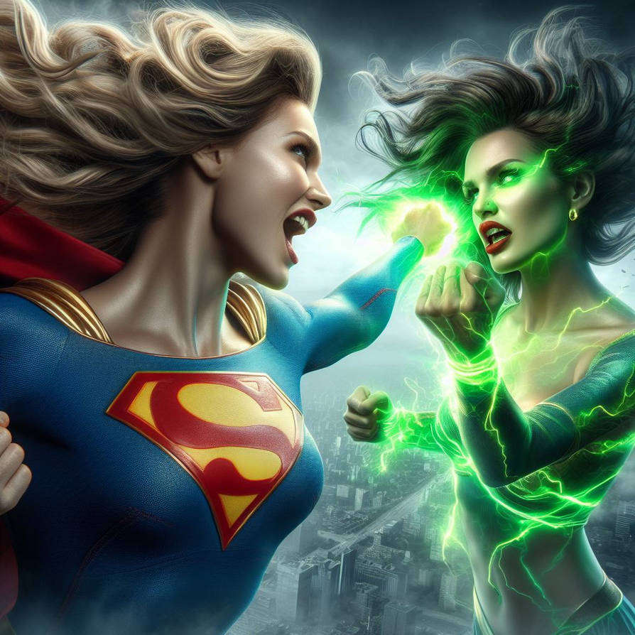Supergirl Battling Krypto Woman Above The City By Necromancer Rev On Deviantart