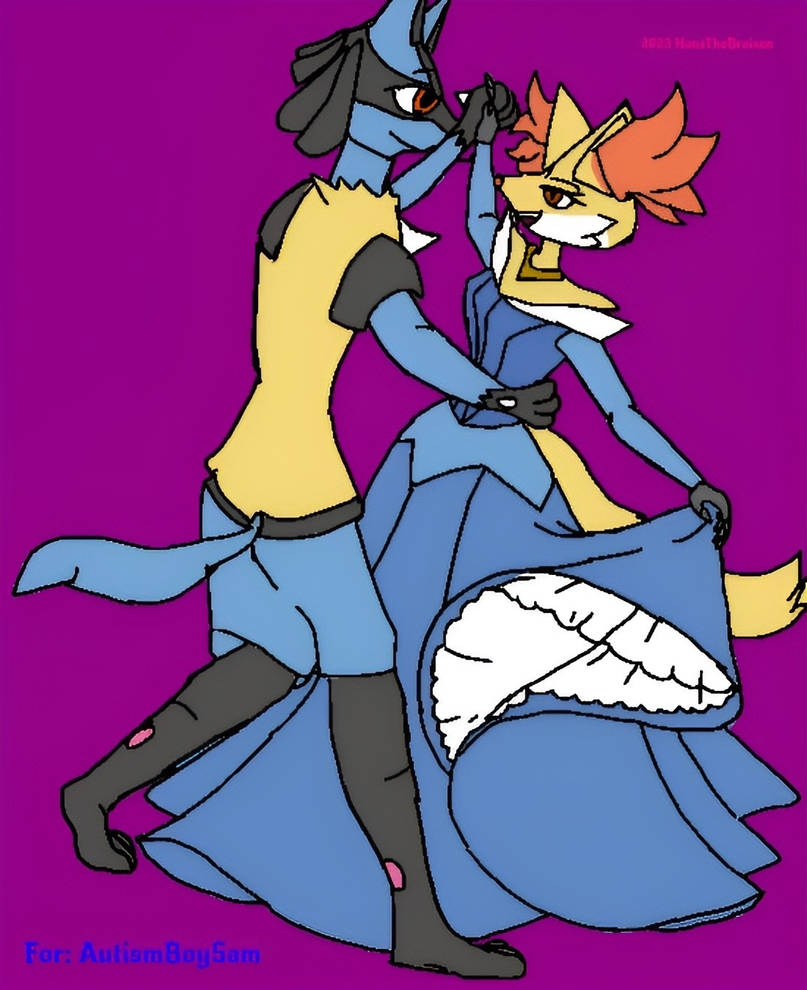 Lucario Dancing With Delphox Blue Aurora Dress By Princesshanabraixen