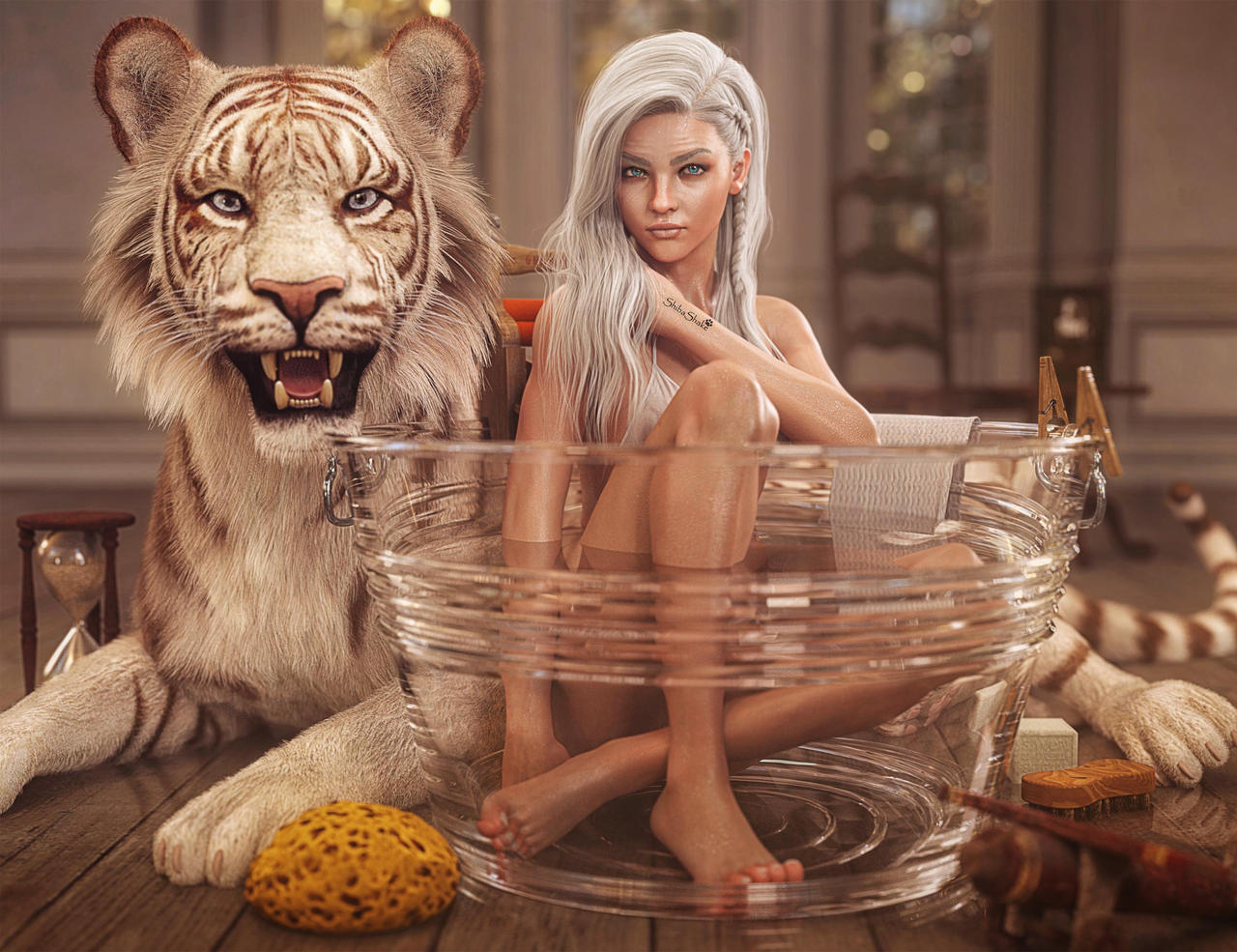 White Tiger Sexy White Haired Pin Up Girl In Tub By Shibashake On Deviantart