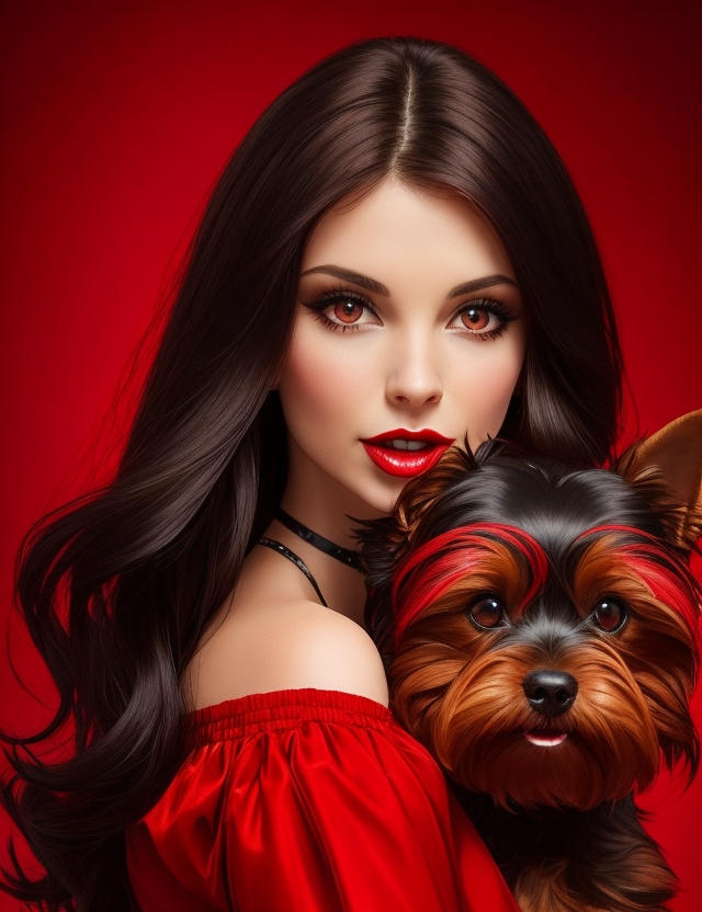 Brunette Devil Wearing Red With Yorkie Pose 3 By Angieaidigital On