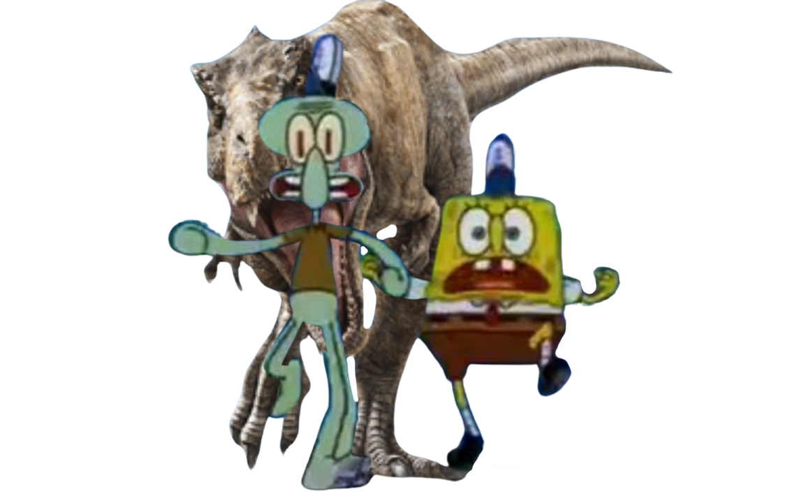 Spongebob And Squidward Run From T Rex Png By Dracoawesomeness On