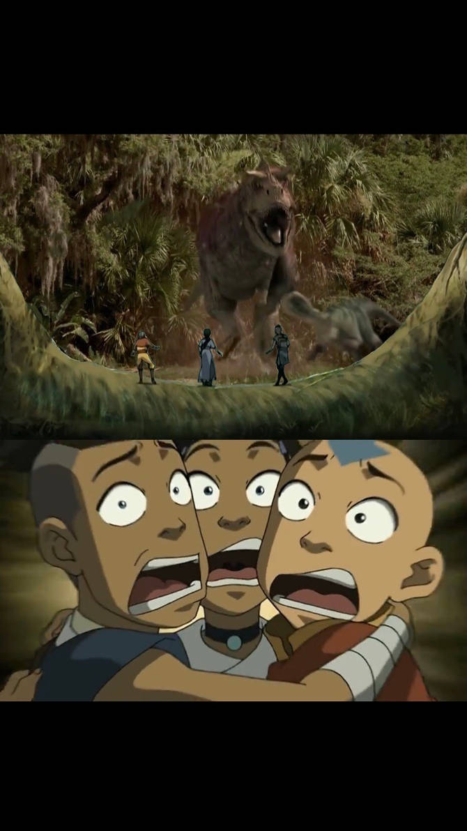 Aang Katara And Sokka Scared By The Carnotaur By Bvega41 On Deviantart