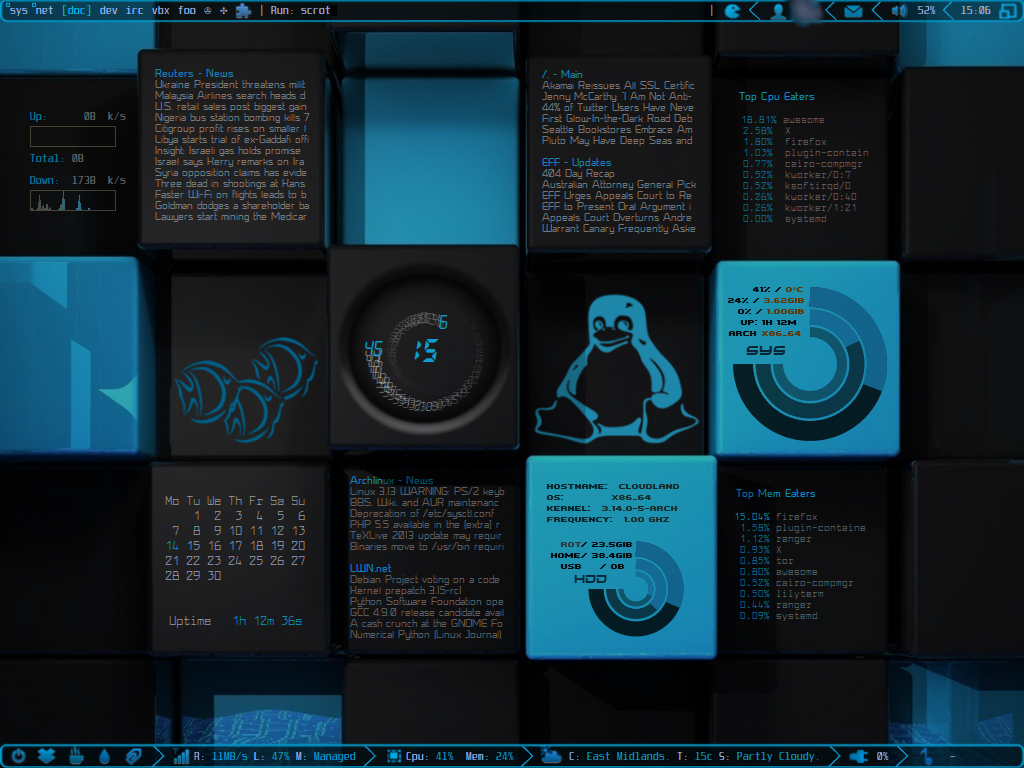 Cyan/Brown 3D conky/awesomeWM theme by cawwotmonster on DeviantArt