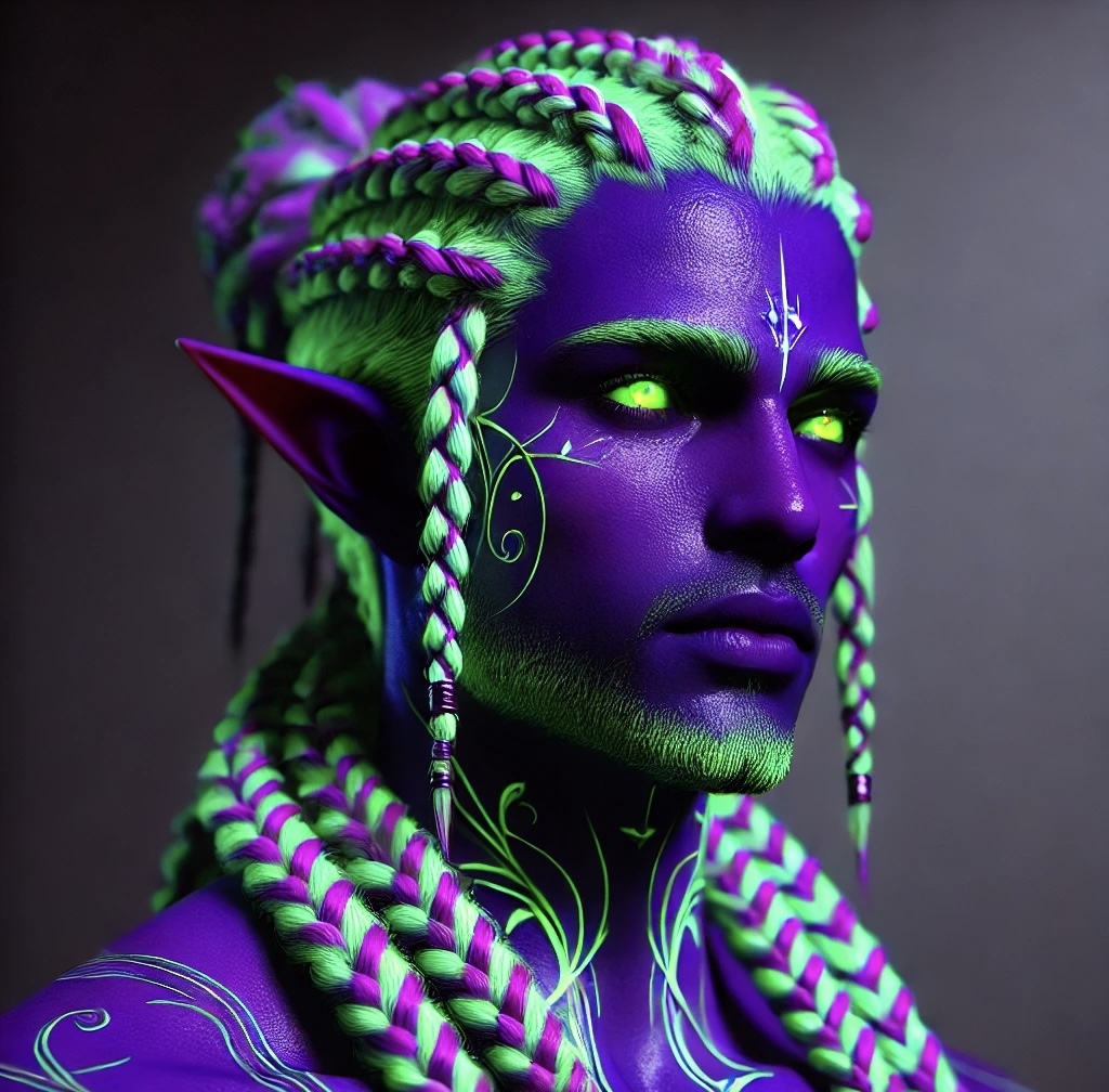 Purple Humanoid, Colorful Braids, Green Eyes/Tats by Full-Maverick on ...