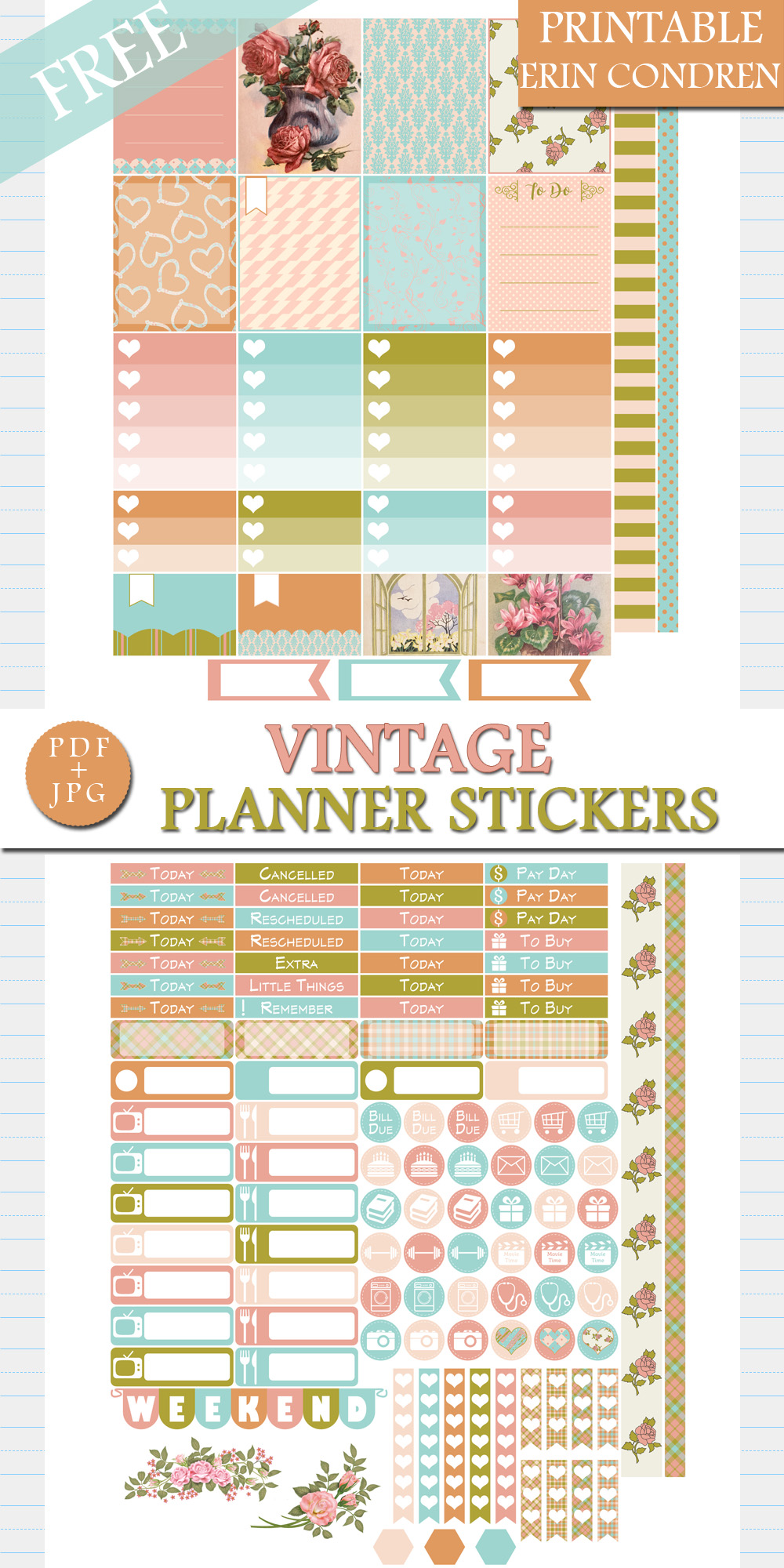 Free Vintage Planner Stickers for Erin Condren by GreenLightIdeasGLI on ...