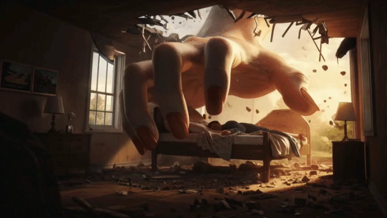 Giant hand reaches into house and grabs bed by Attitude2000 on DeviantArt