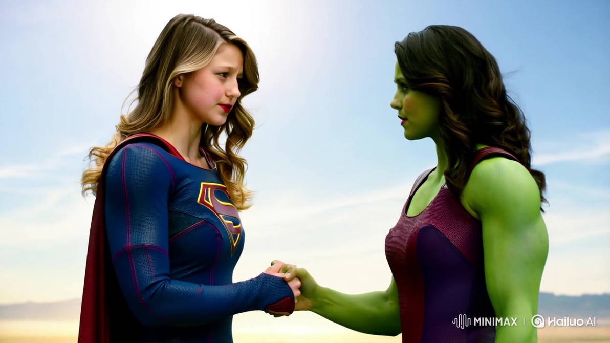 Supergirl shakes She-Hulk's hand before flying by shf500 on DeviantArt