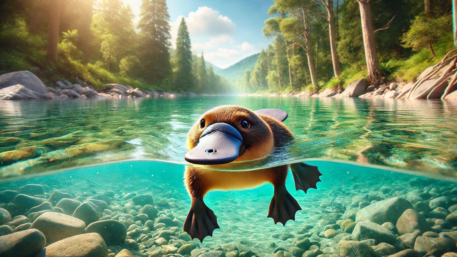 A playful scene of a platypus swimming in a clear by henry2809 on ...