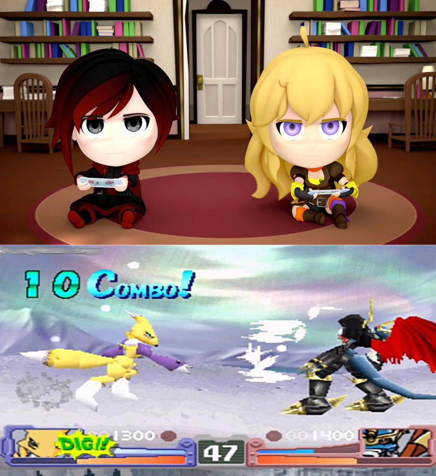 Ruby and Yang playing Digimon Rumble Arena by EarWaxKid on DeviantArt
