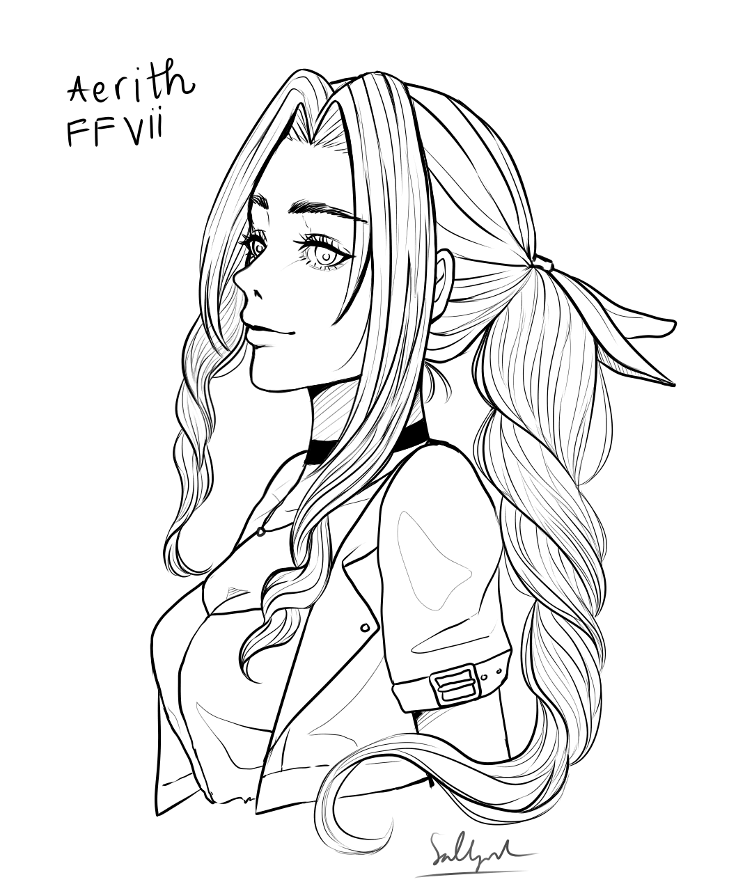 Aerith from FFVII lineart by selenajki on DeviantArt