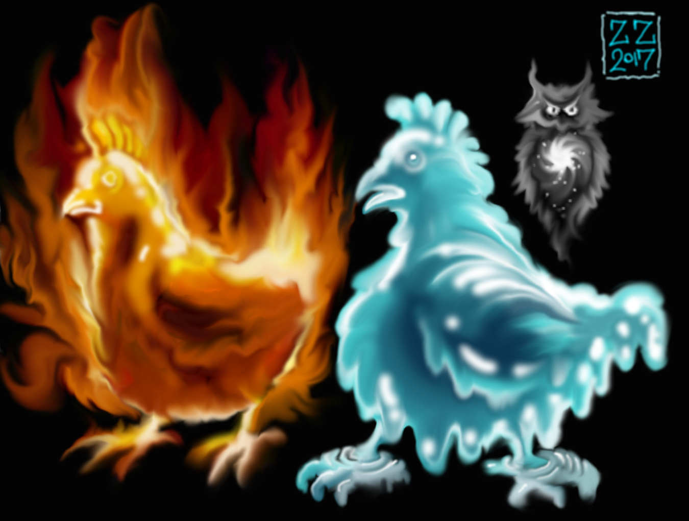 Draw a Fire chicken Water chicken Universe Owl by zenzmurfy on DeviantArt