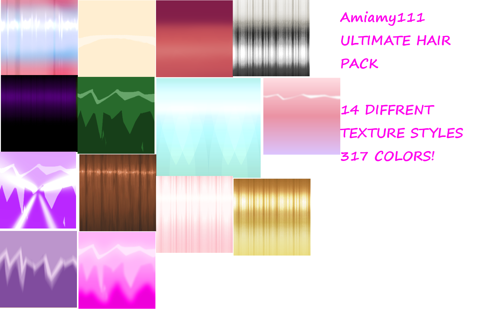 ULTIMATE HAIR TEXTURE PACK 14 styles 317 colors by amiamy111 on DeviantArt