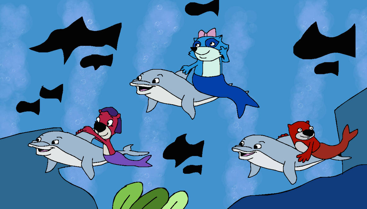 Riding on dolphins with PB and J Otter by Mojo1985 on DeviantArt