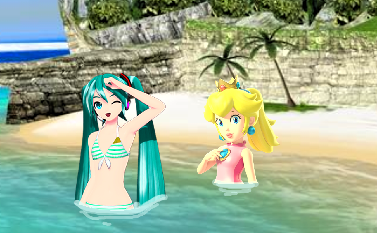 Miku and Peach in the Beach by lileehilee on DeviantArt