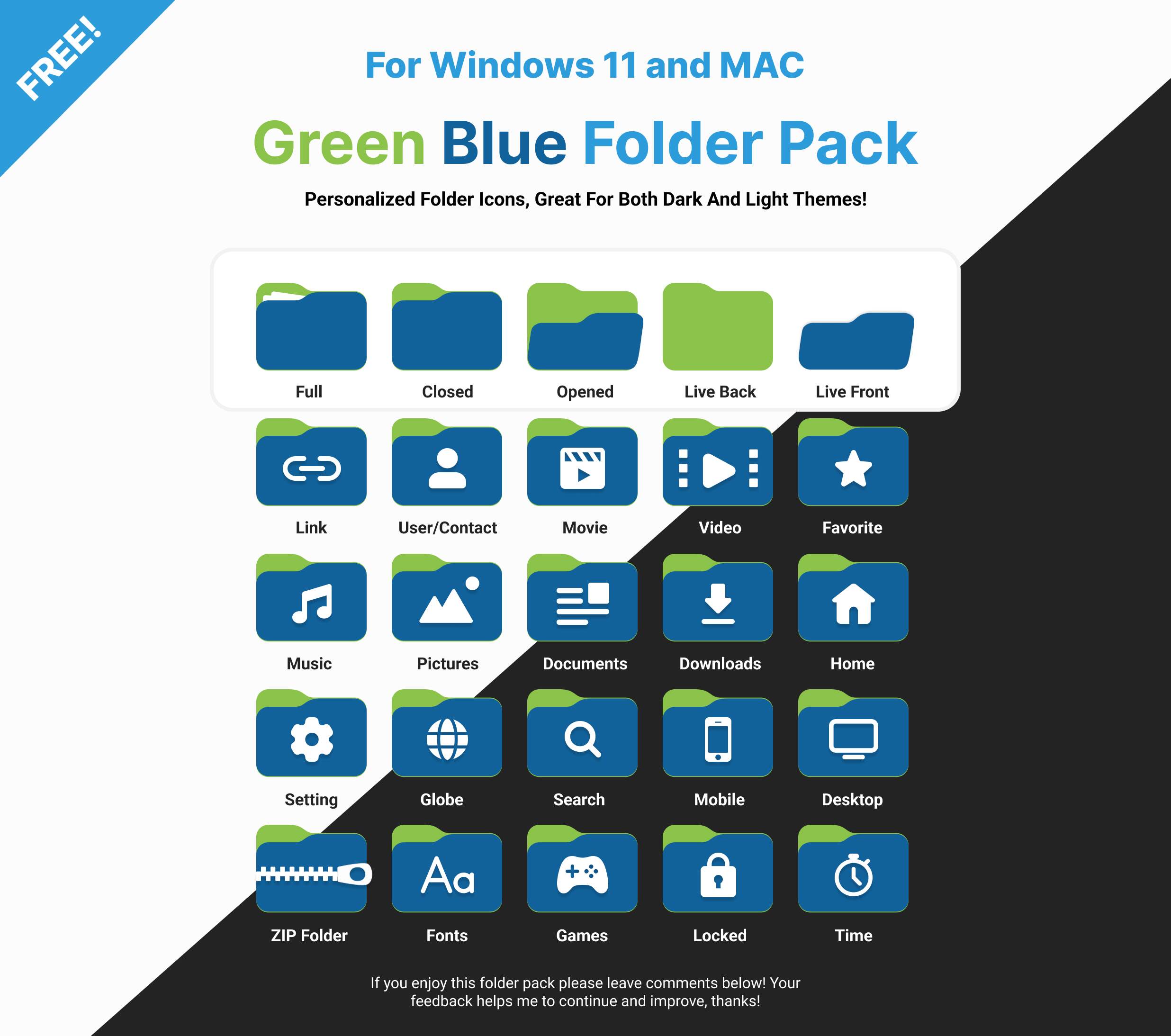 FREE Windows 11 / MAC Folder Green BK Pack Icons! by ...