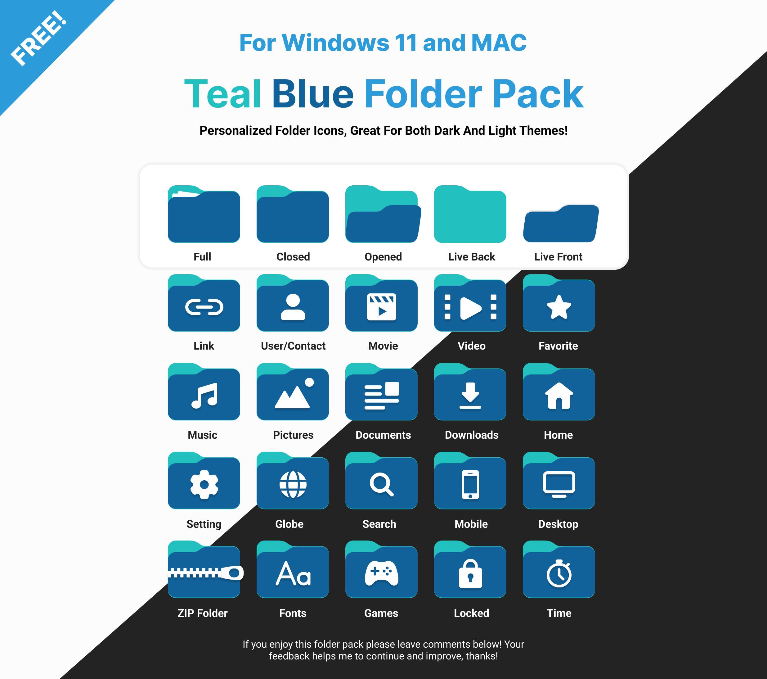 FREE Windows 11 / MAC Teal back Folder Pack Icons! by ...