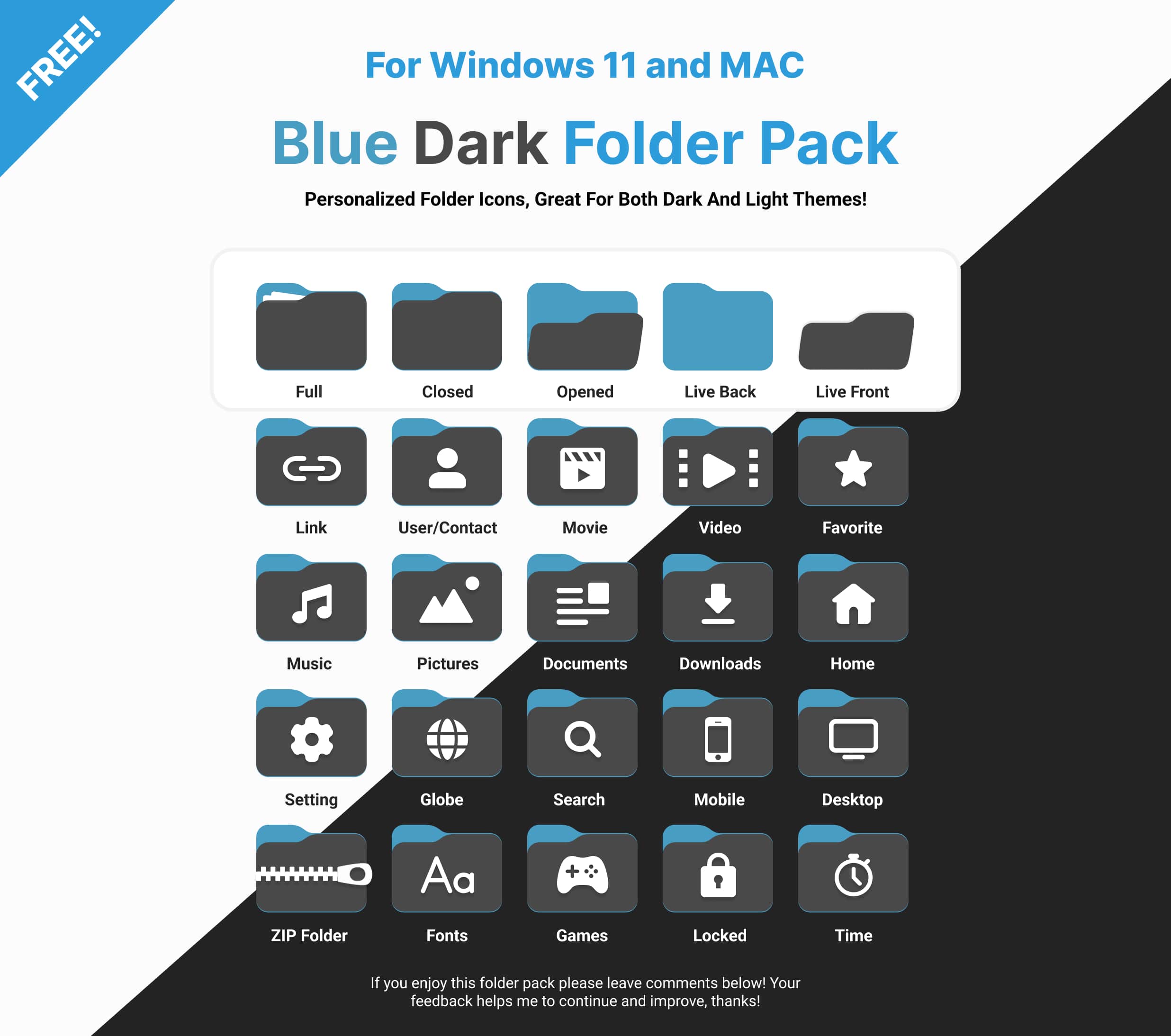 FREE Windows 11 / MAC Blue BLK Folder Pack Icons! by ...
