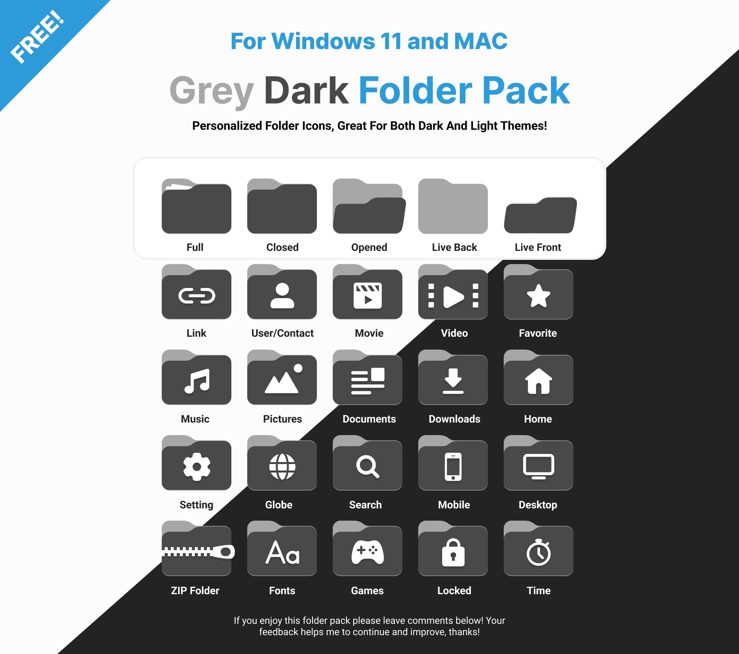 FREE Windows 11 / MAC Grey BLK Folder Pack Icons! by ...