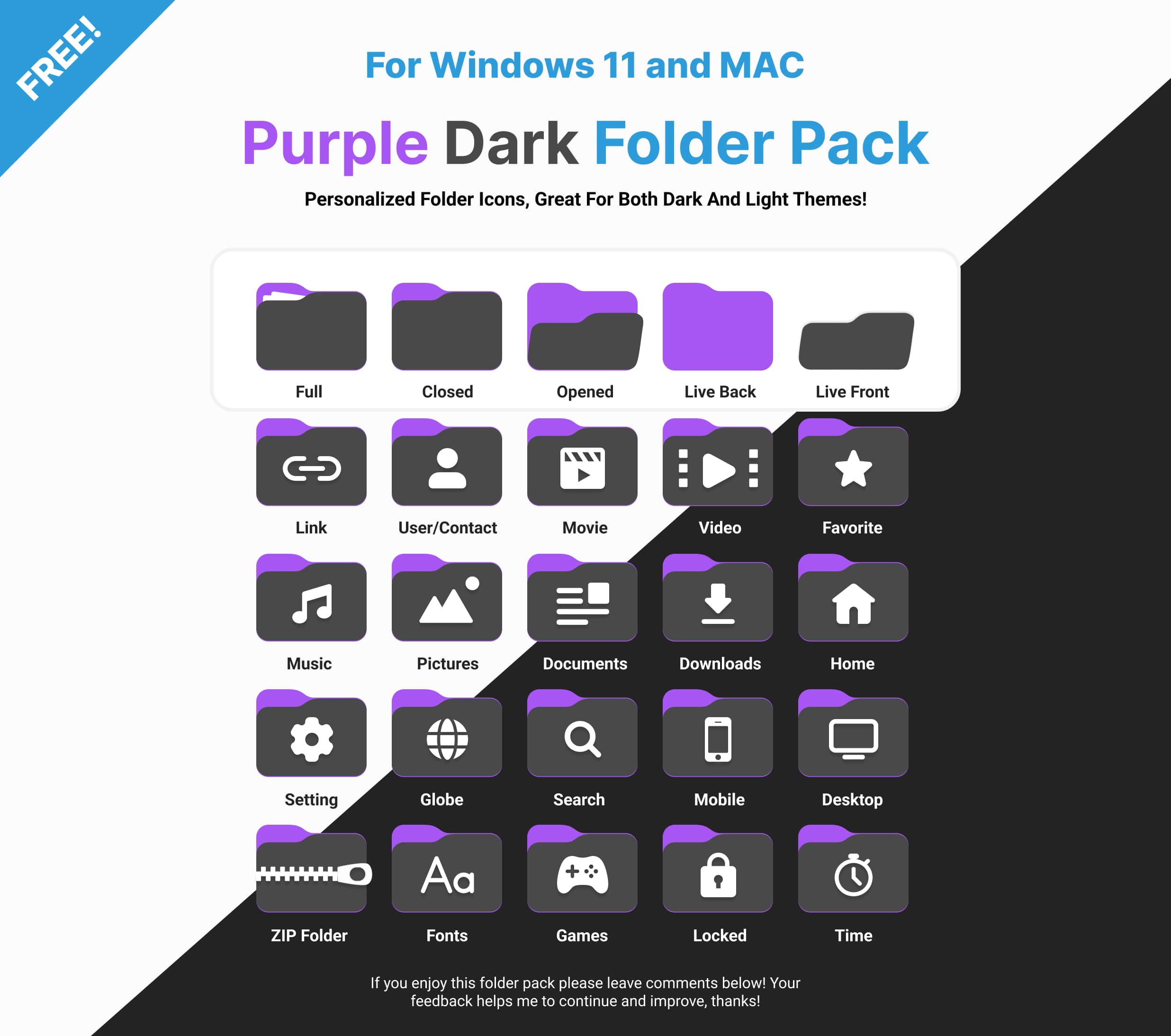FREE Windows 11 / MAC Purple BLK Folder Pack Icons by ...