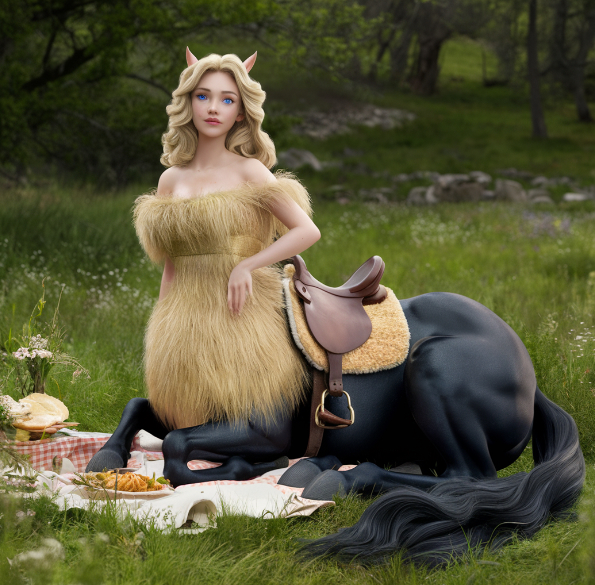 Female centaur at a picnic with a saddle by AndrewFish99 on DeviantArt