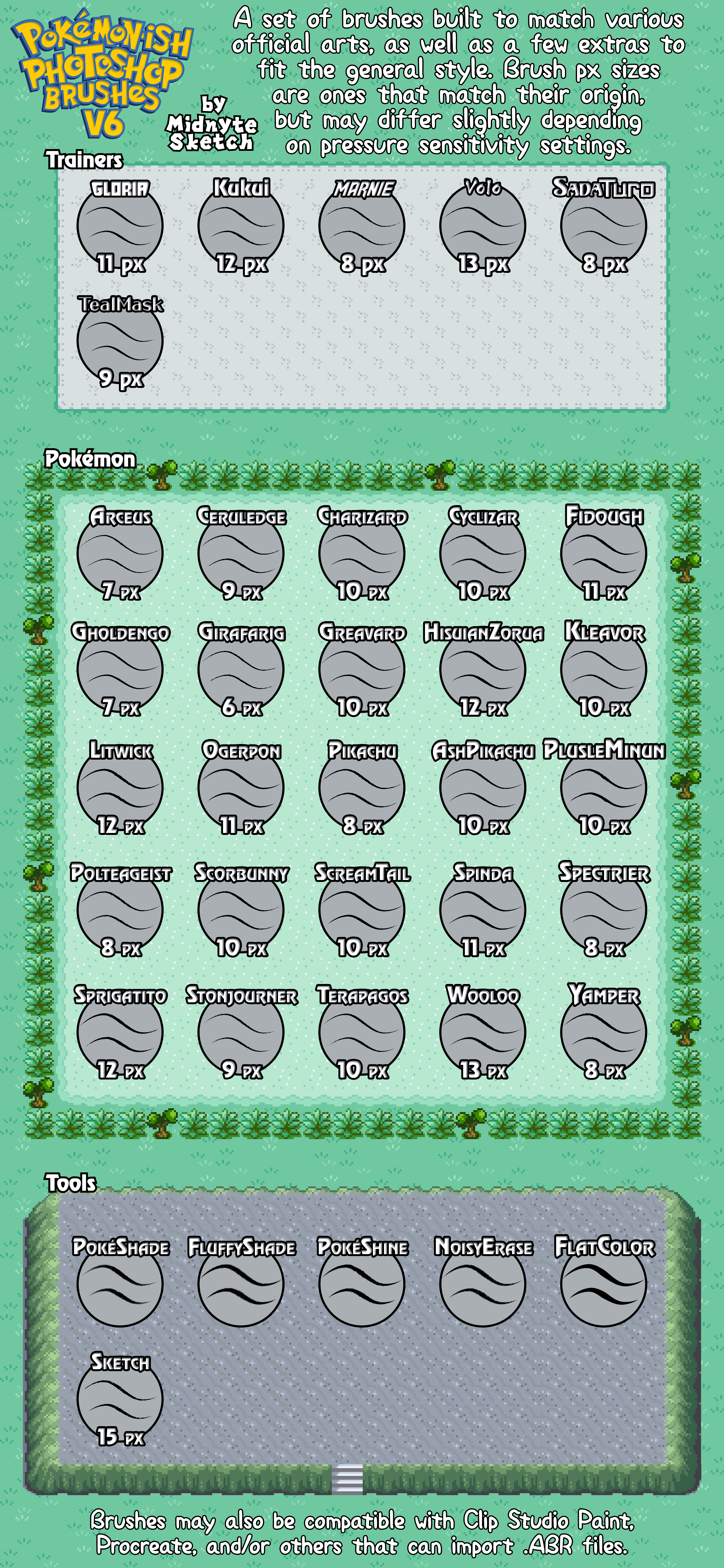 Pokemon-style brushes for Photoshop v6 by MidnyteSketch on DeviantArt