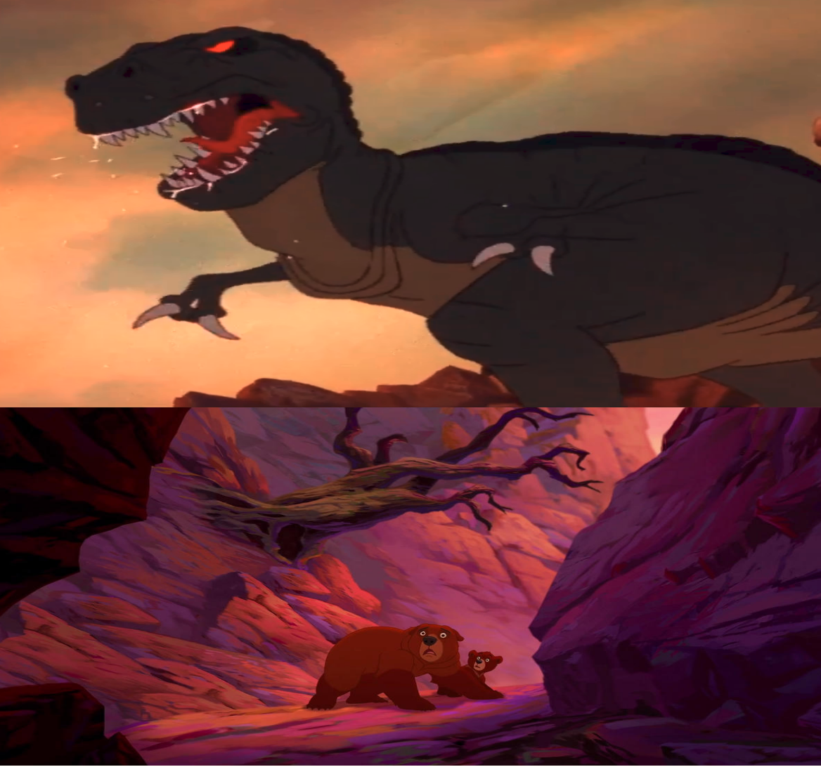 Kenai and Koda encounter Sharptooth by cyborg802 on DeviantArt