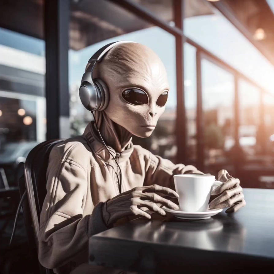 Alien in headphones drinking tea in cafe outdoors by Coolarts223 on ...