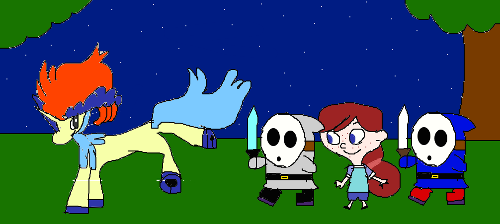 run shy guy keldeo and a redhaired little girl by uniparrot20 on DeviantArt