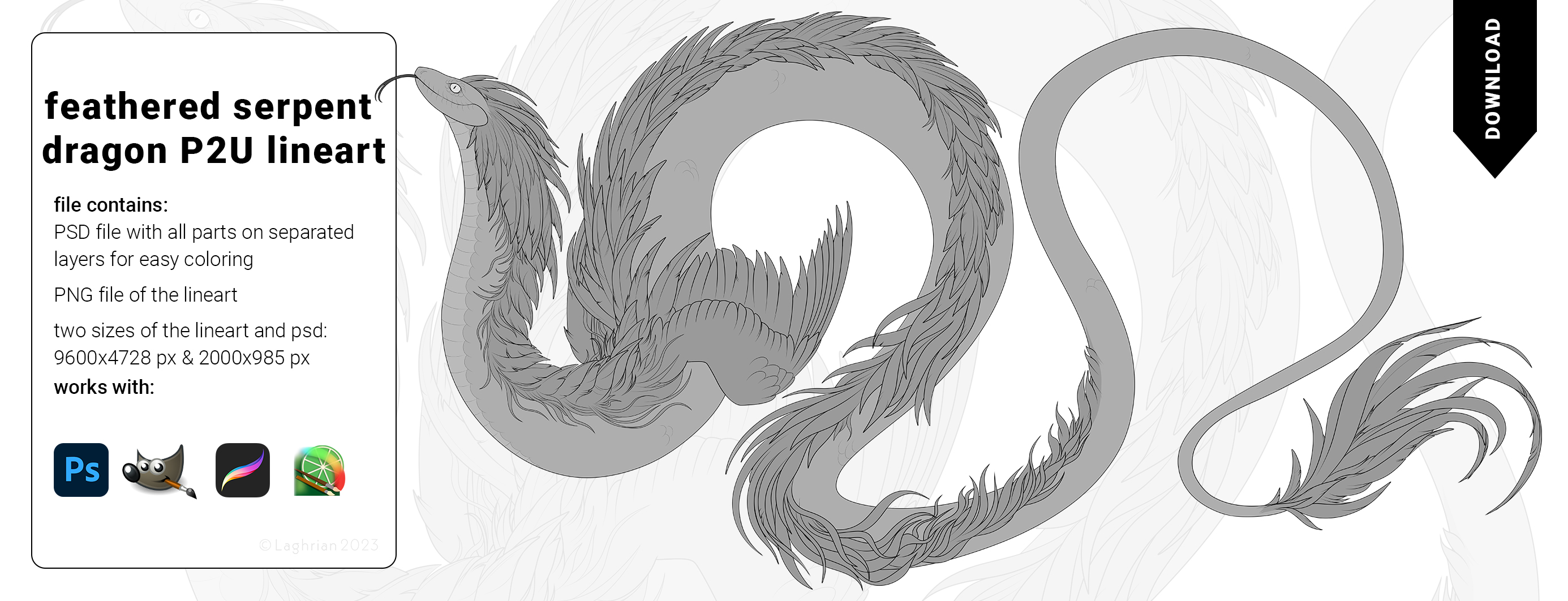 Feathered Serpent Dragon Lineart for sale by Laghrian on DeviantArt
