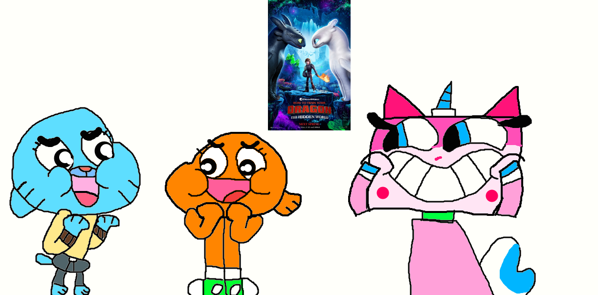 Gumball, Darwin, and Unikitty excited for HTTYD3 by TheCartoonWizard on DeviantArt
