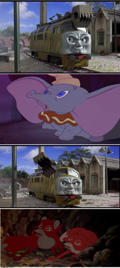 Diesel 10 Scares Dumbo, Tod, and Vixey by TheCartoonWizard on DeviantArt