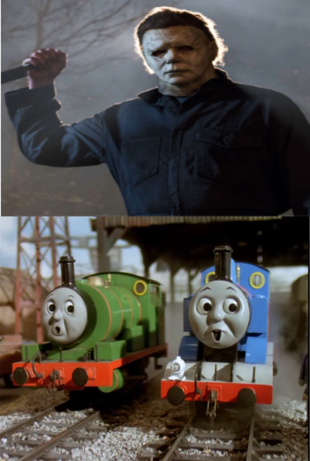 Thomas and Percy scared of Michael Myers by TheCartoonWizard on DeviantArt