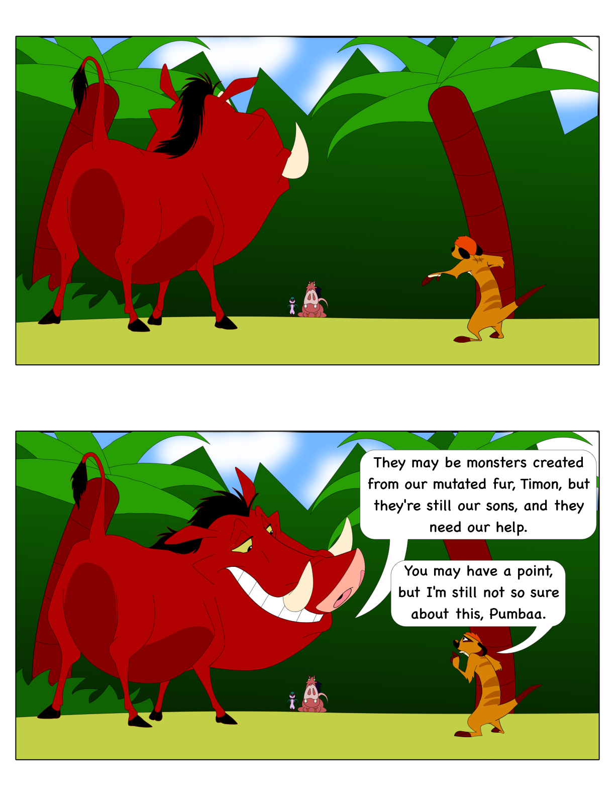 Timon and Pumbaa discuss their sons' offer by DecaTilde on DeviantArt