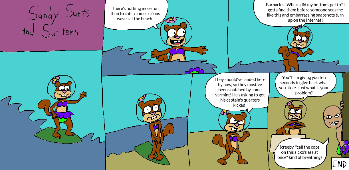 Sandy Surfs and Suffers by LuciferTheShort on DeviantArt