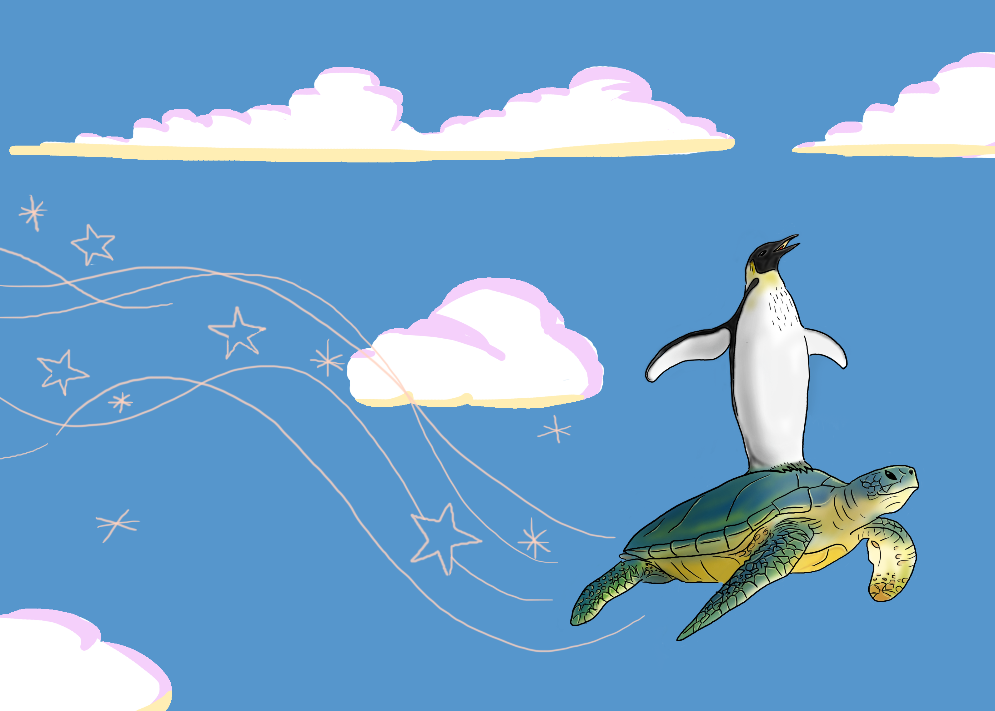 Penguin on his flying turtle by S3raslin on DeviantArt