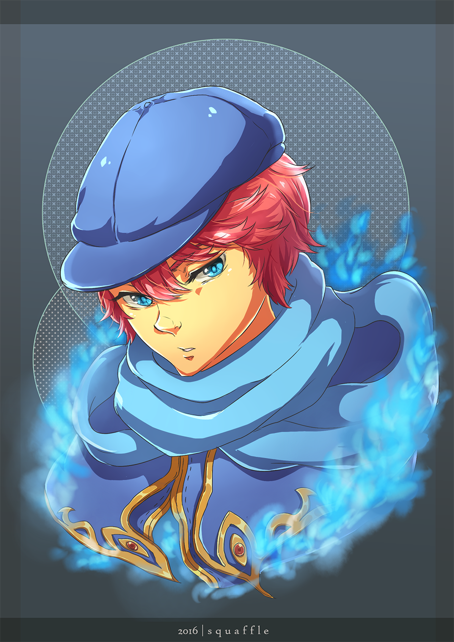 Safebooru - 1boy alternate color blue capelet blue eyes blue fire blue hat blue scarf cabbie hat ...