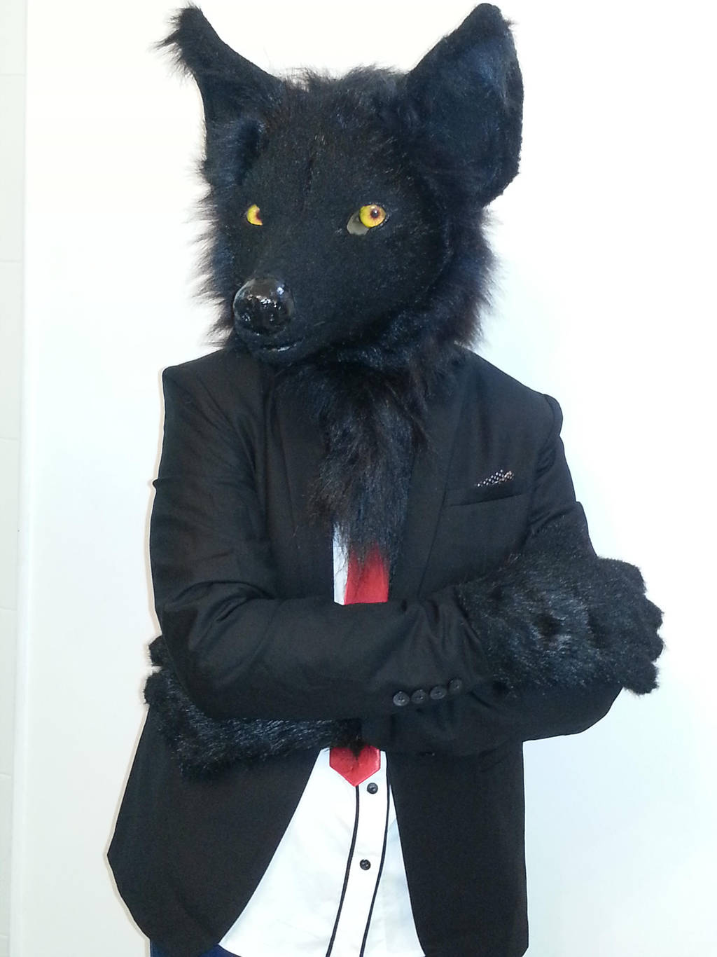 Old black wolf fursuit made in 2013 by mystikreatures on DeviantArt