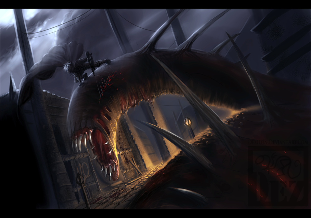 Battling the giant worm by Dezilon on DeviantArt